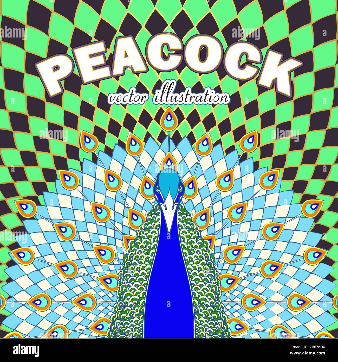 Peacock with flowing tail on geometric background and text, blue green ...