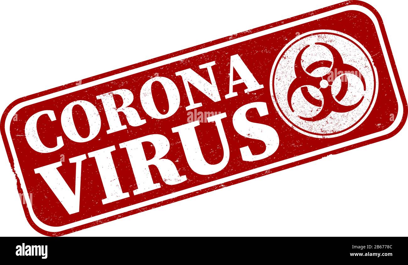 red CORONA VIRUS stamp with biohazard symbol isolated on white ...