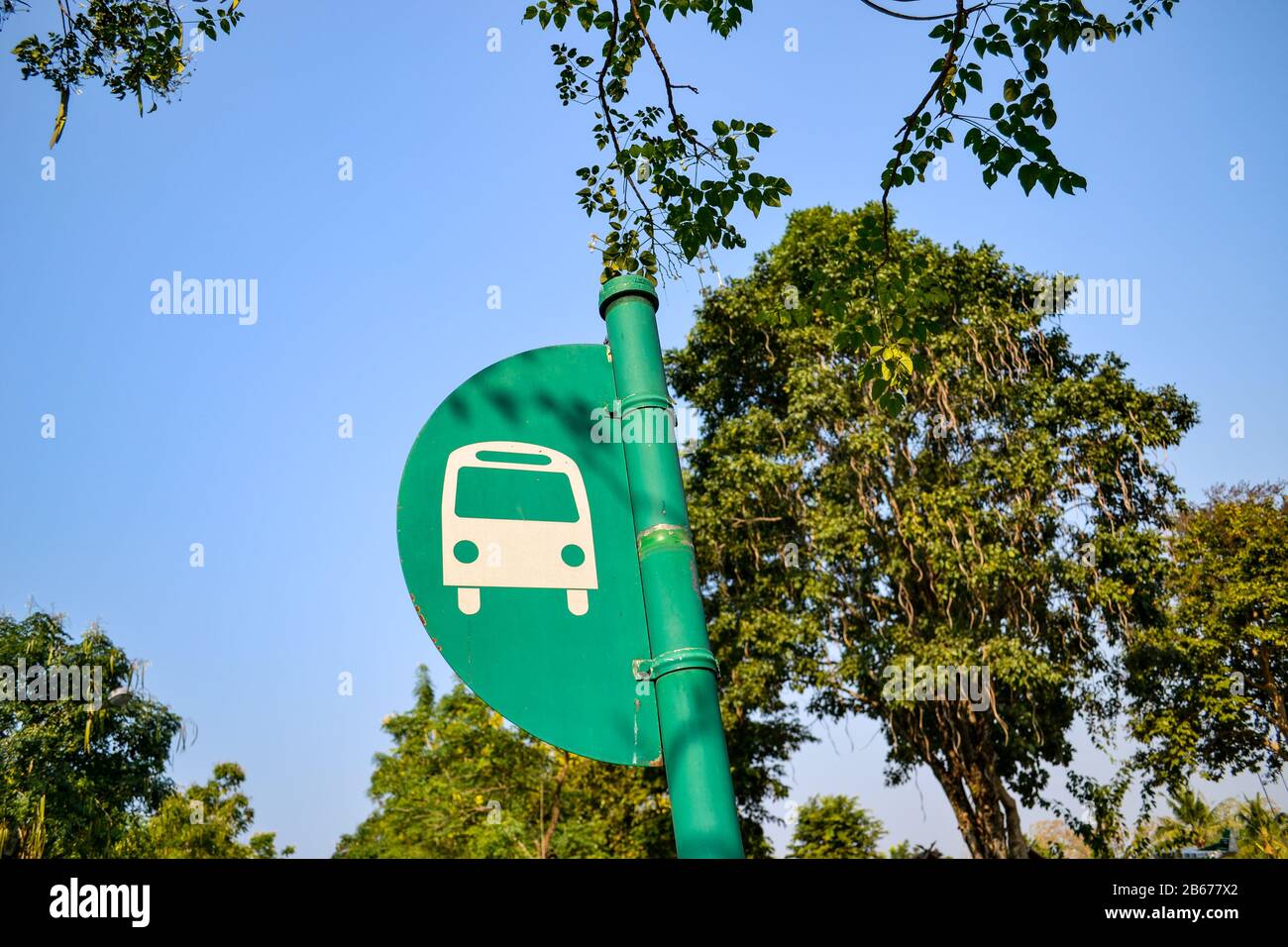 Tram stop signboard in the public park Stock Photo - Alamy