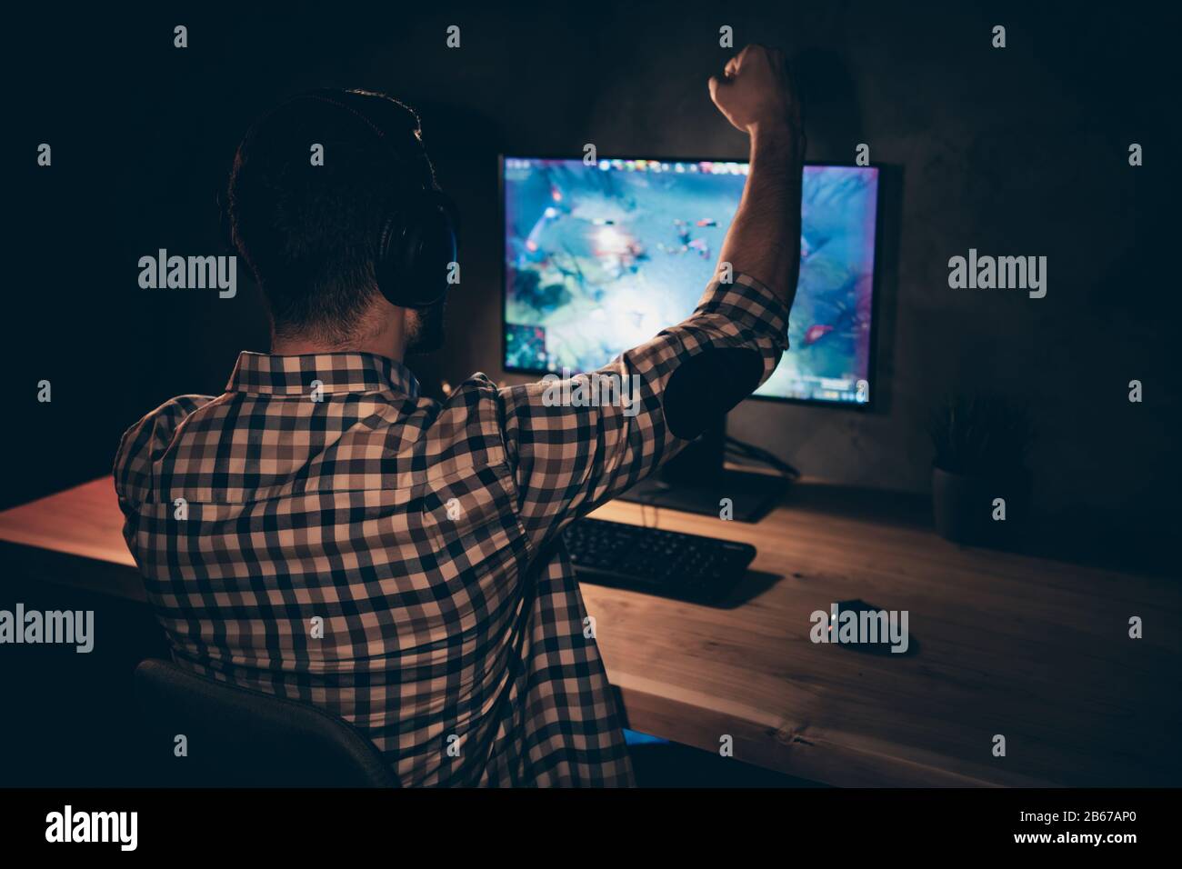 Close up back rear behind view photo he him his guy videogame talk headset microphone strategy ...