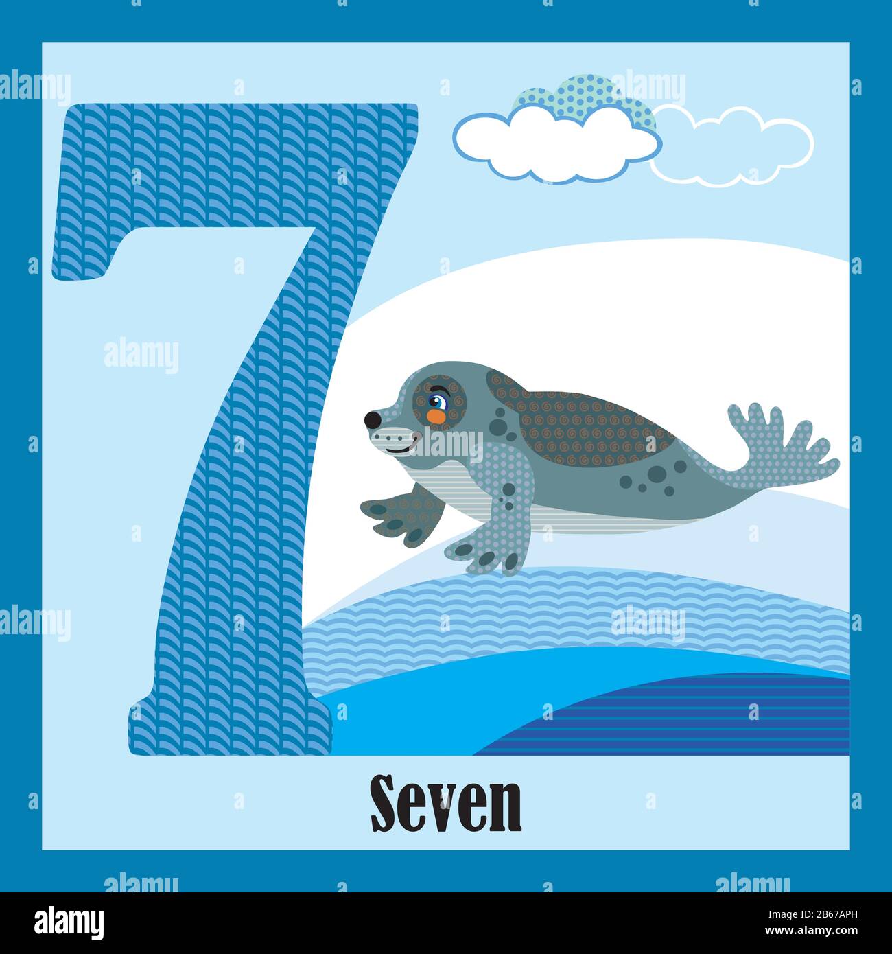 Vector cartoon flashcards of animal numbers, number 7. Colorful cartoon ...