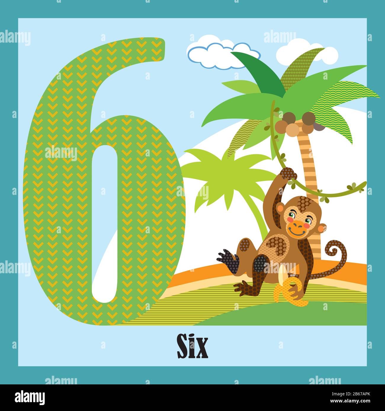Vector cartoon flashcards of animal numbers, number 6. Colorful cartoon ...