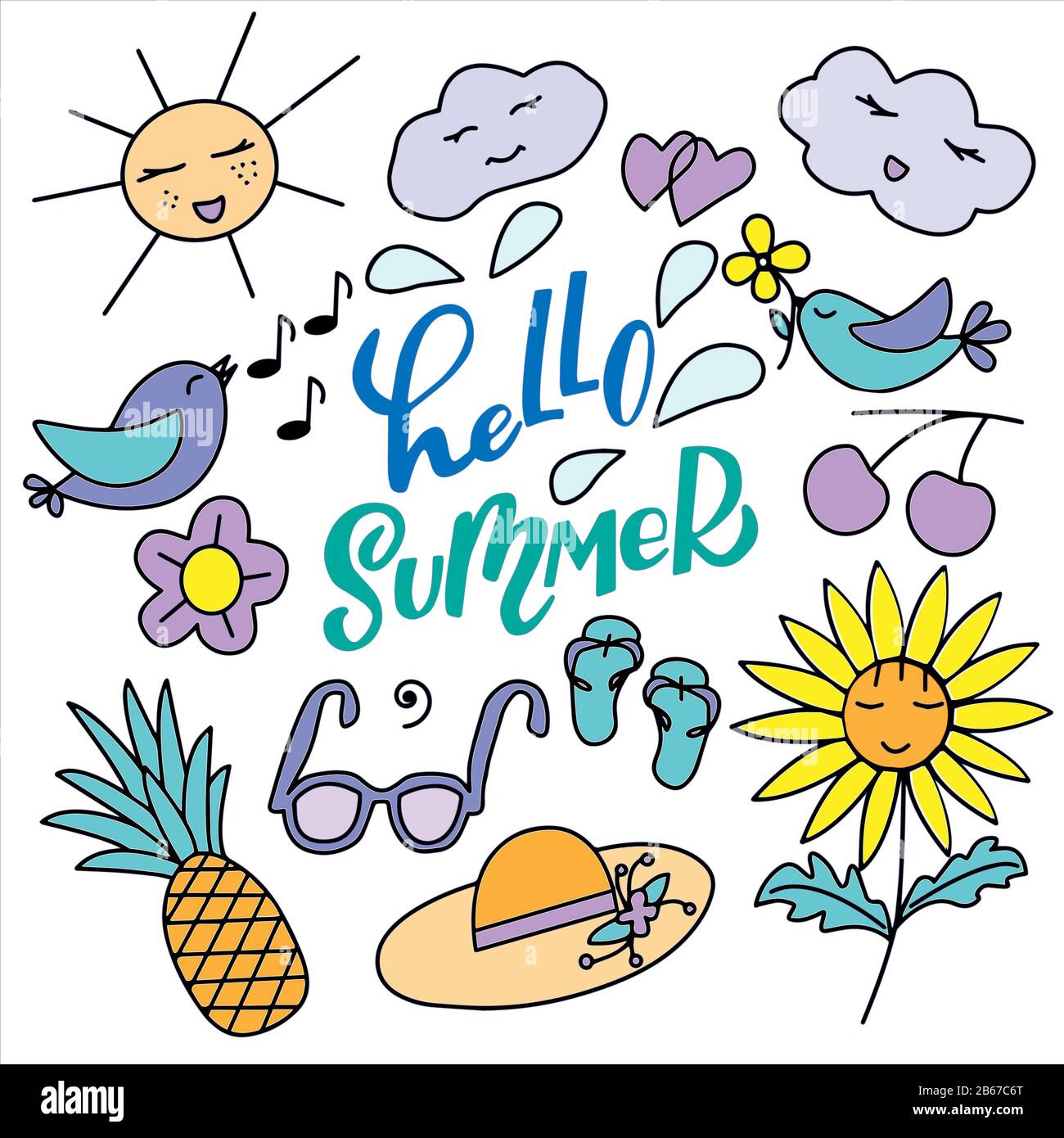 Set of cute, cartoony characters and lettering - hello summer - in ...