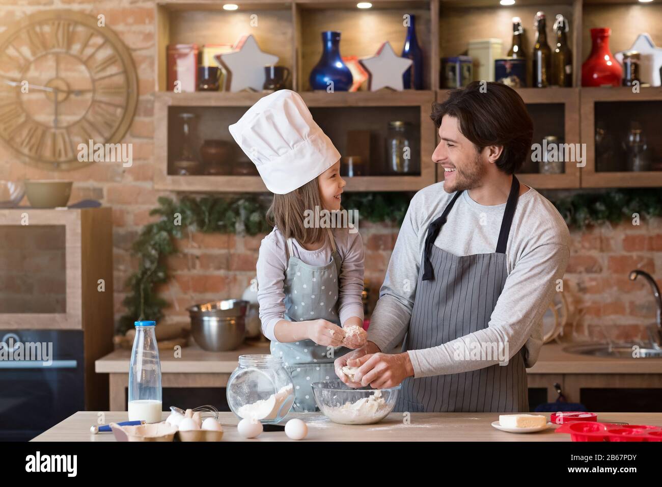 Happy Dad And Daughter Cooking Pastry Together, Kneading Dough And ...
