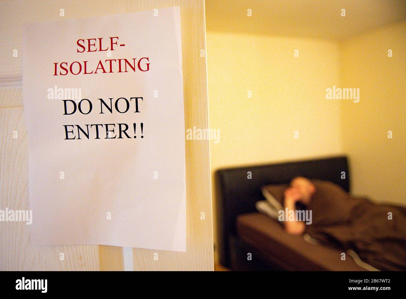 Picture posed by model to illustrate self-isolating measures. People ...
