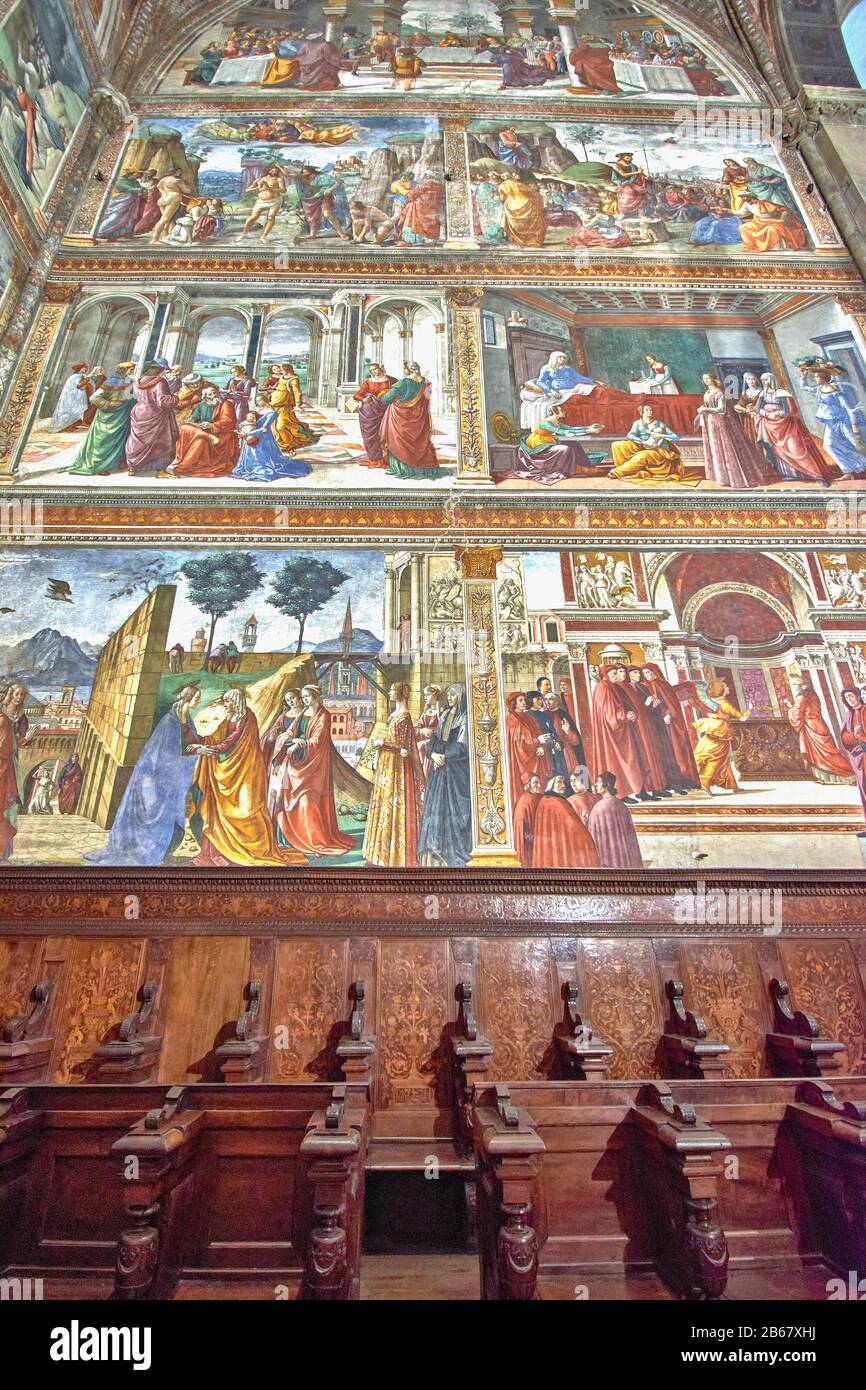FLORENCE ITALY CHURCH SANTA MARIA NOVELLA WOODEN PEWS AND FRESCOES OR ...