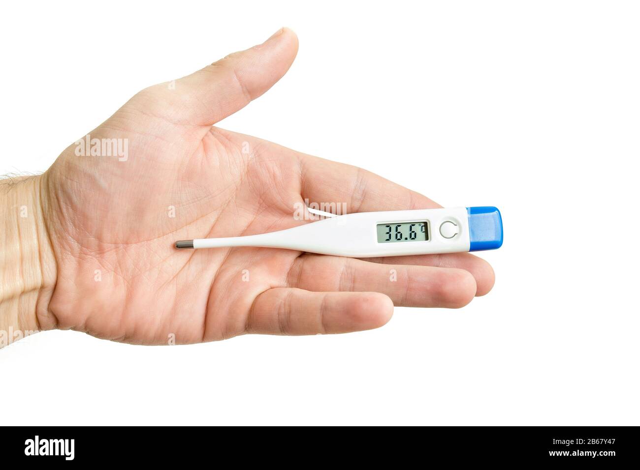 Man hand holding a digital thermometer isolated on white background ...