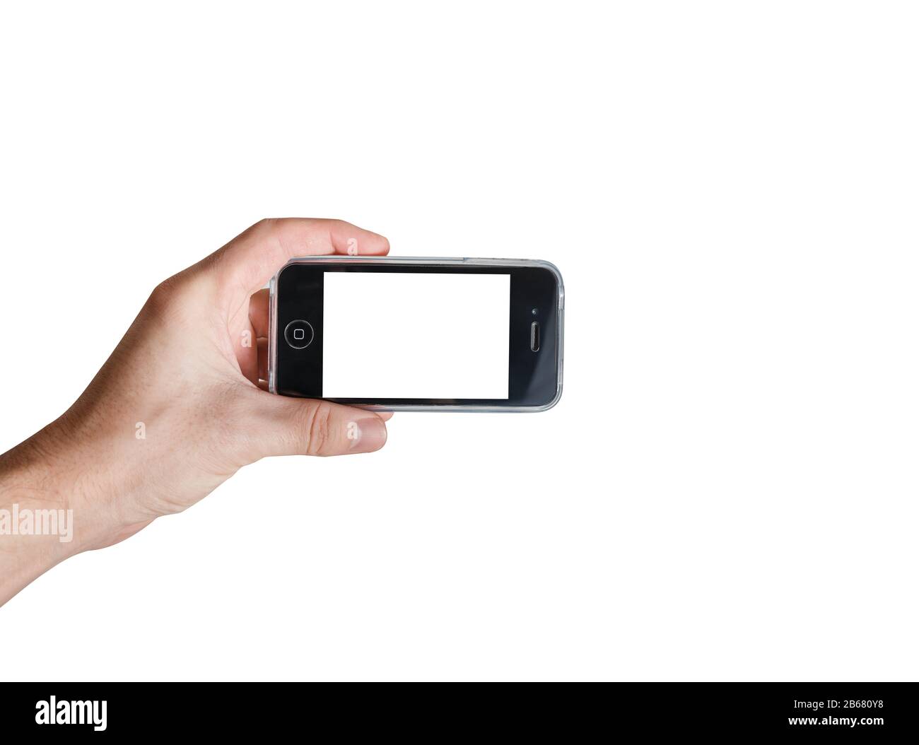 male hand holding black blank cellphone isolated at white background ...