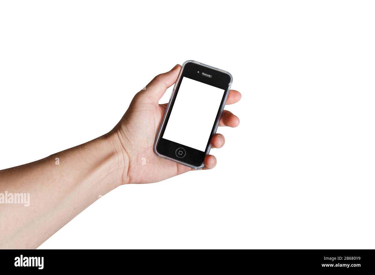male hand holding black blank cellphone isolated at white background ...