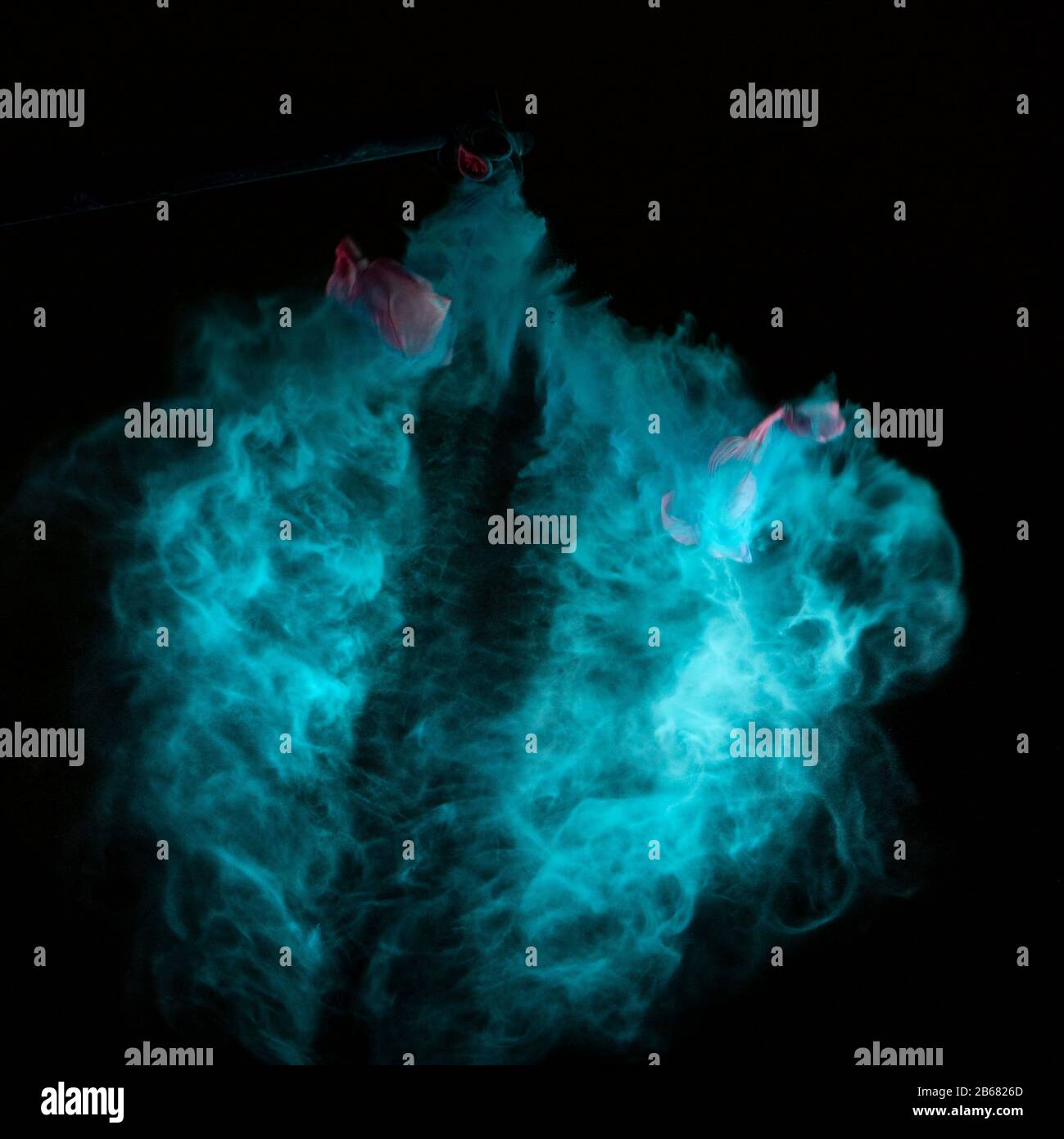 Bursting balloon full of coloured powder and glitter on a black ...