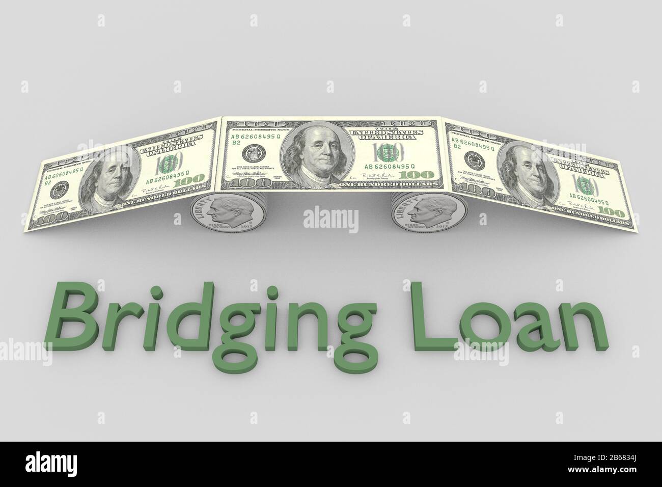 3D illustration of a symbolic bridge composed of coins and bills with ...