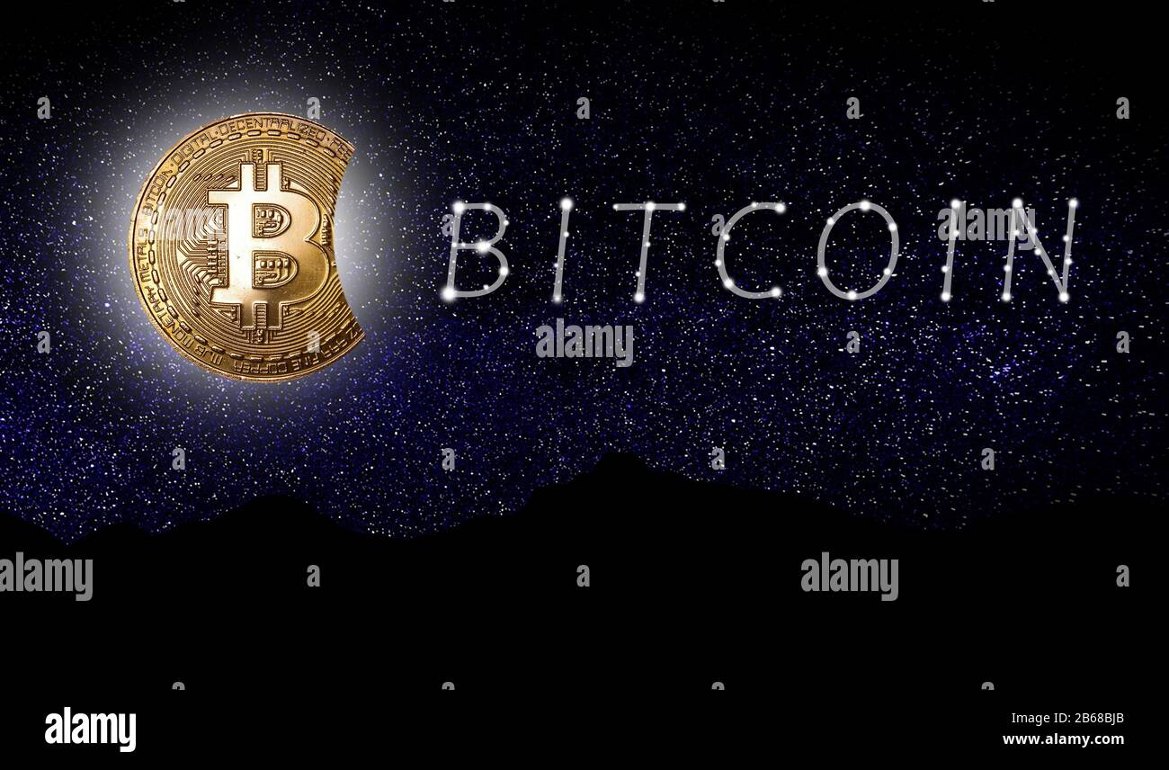 Bitcoin symbol as a golden moon in front of starry night sky ...