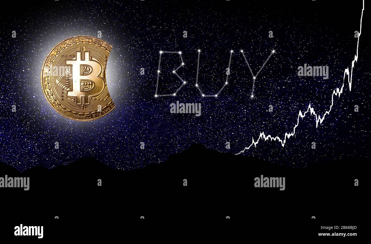 Bitcoin symbol as a golden moon in front of starry night sky ...