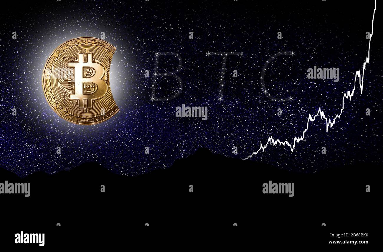 Bitcoin symbol as a golden moon in front of starry night sky ...