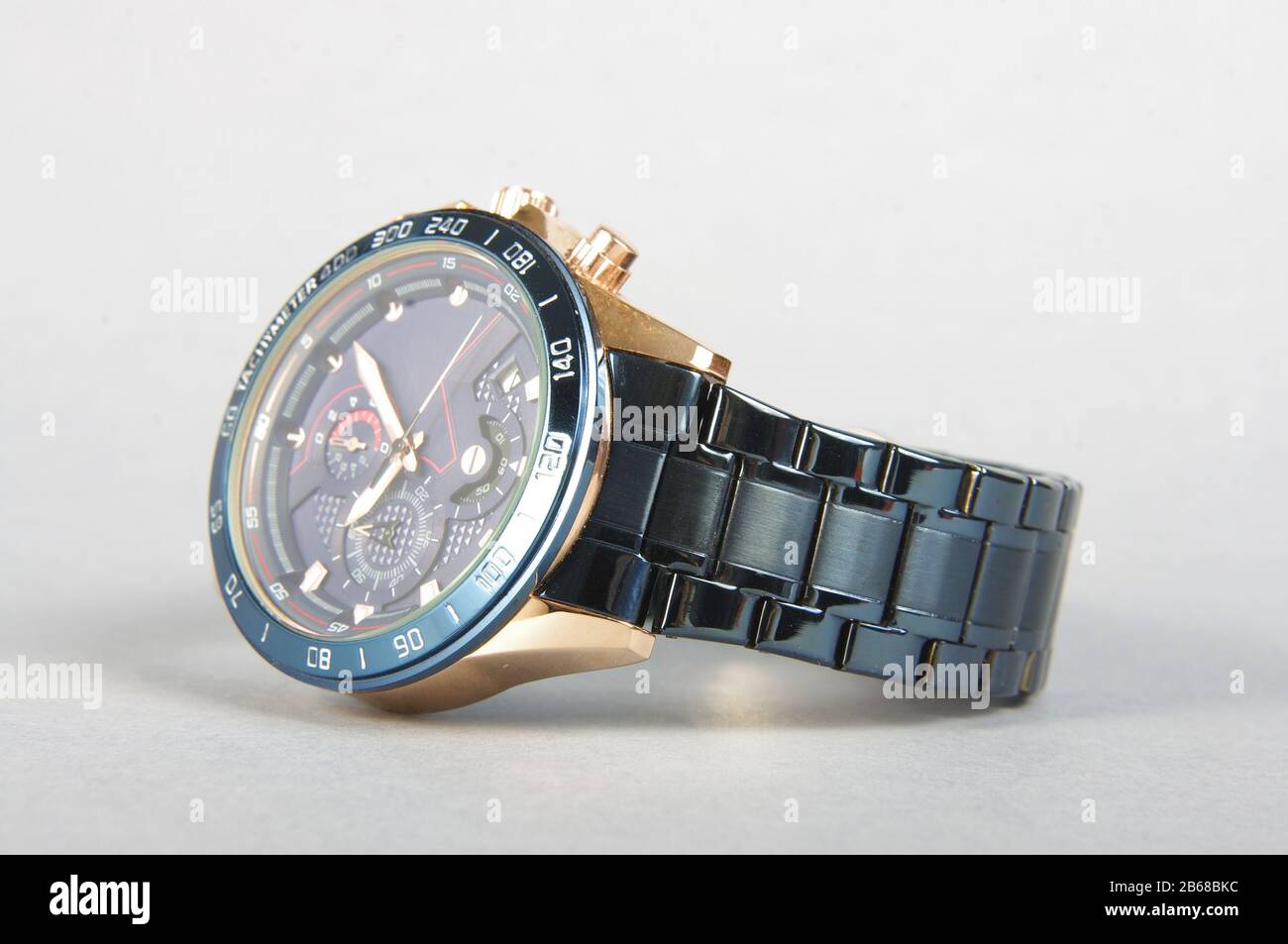 Professional luxury golden blue male watch on the gray surface Stock ...