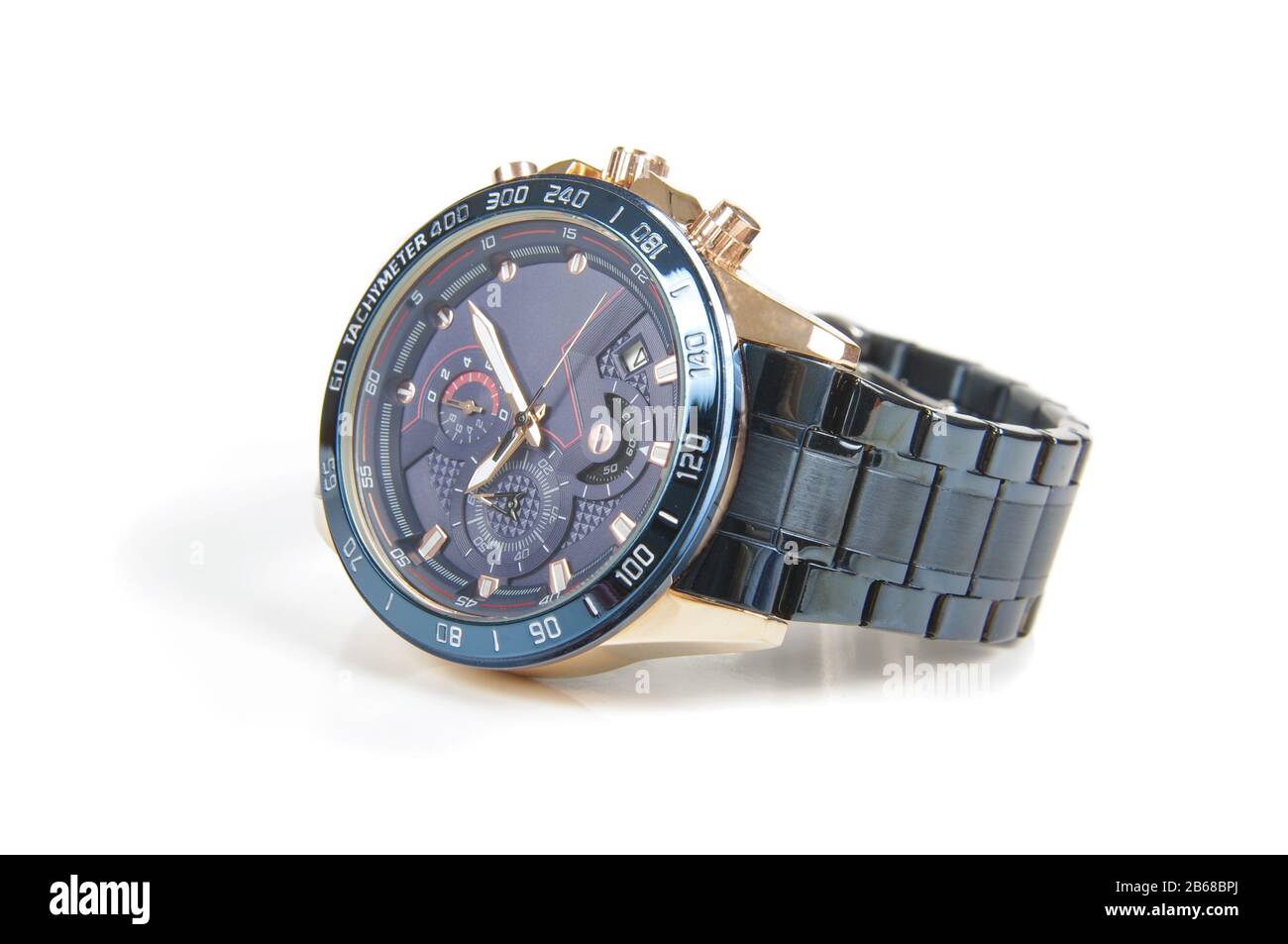 Professional luxury golden blue male watch on the white background ...