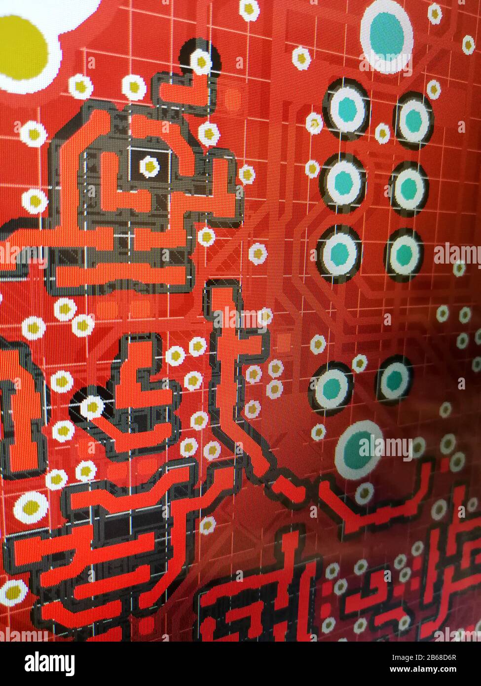 Close up computer screen view of PCB design layout routing process in ...