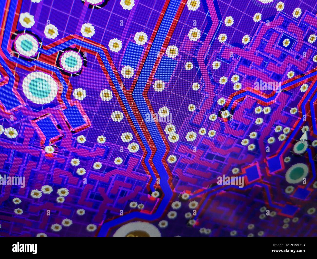 Close up computer screen view of PCB design layout routing process in ...