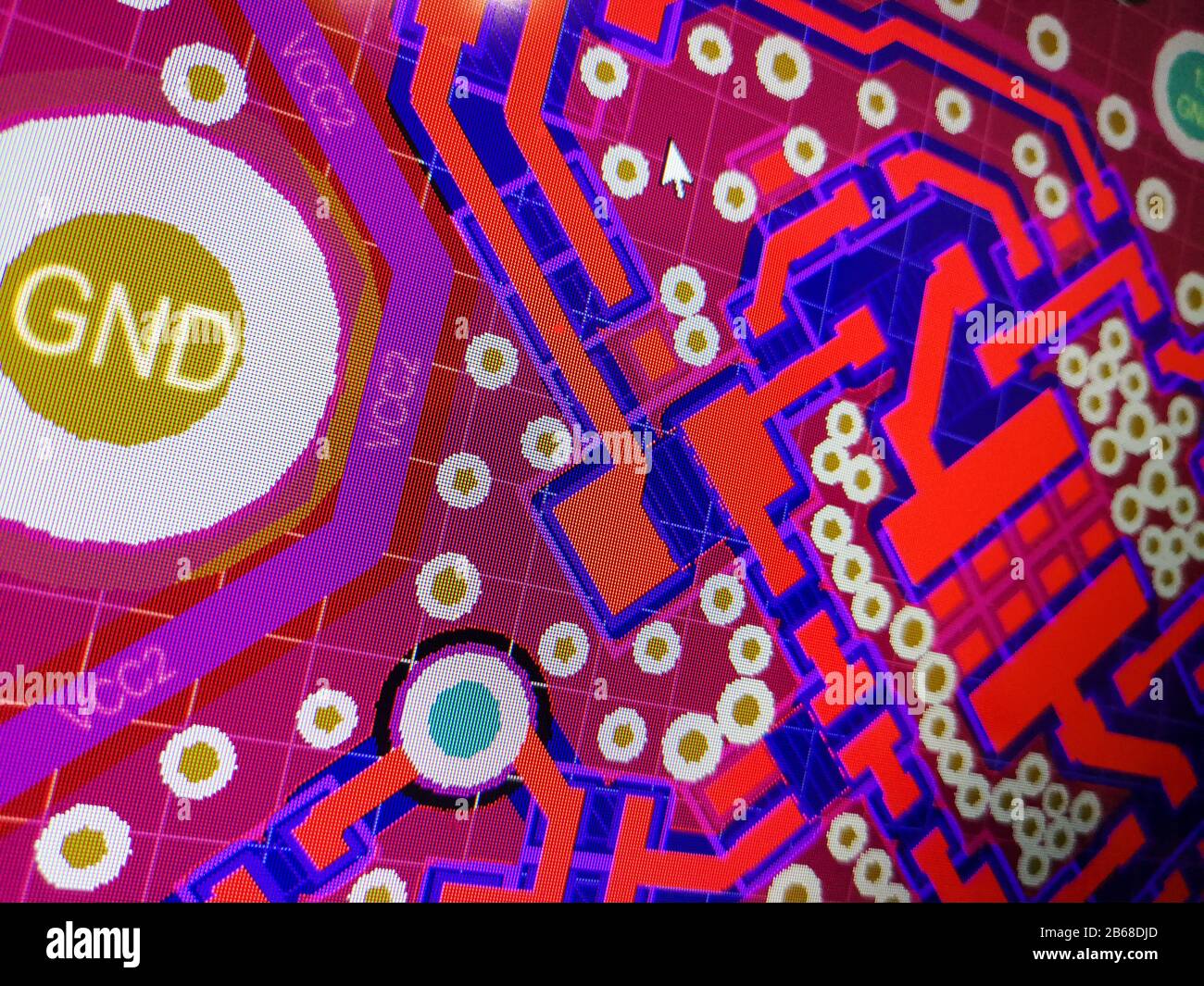 Close up computer screen view of PCB design layout routing process in ...