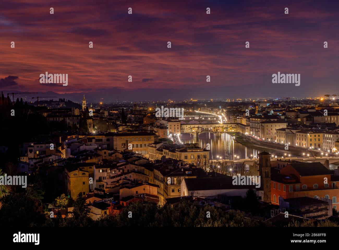 Florence illuminated view from Piazzale Michelangelo at sunset Stock ...