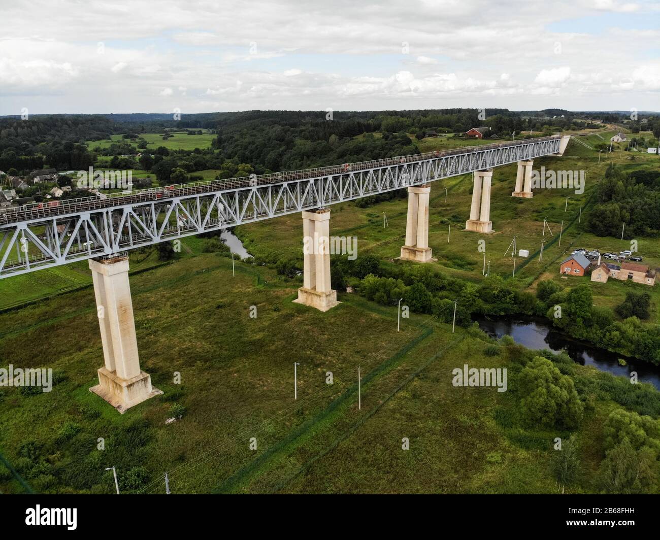 Railway Bridge of Lyduvenai, Lithuania. Aerial view of longest and ...