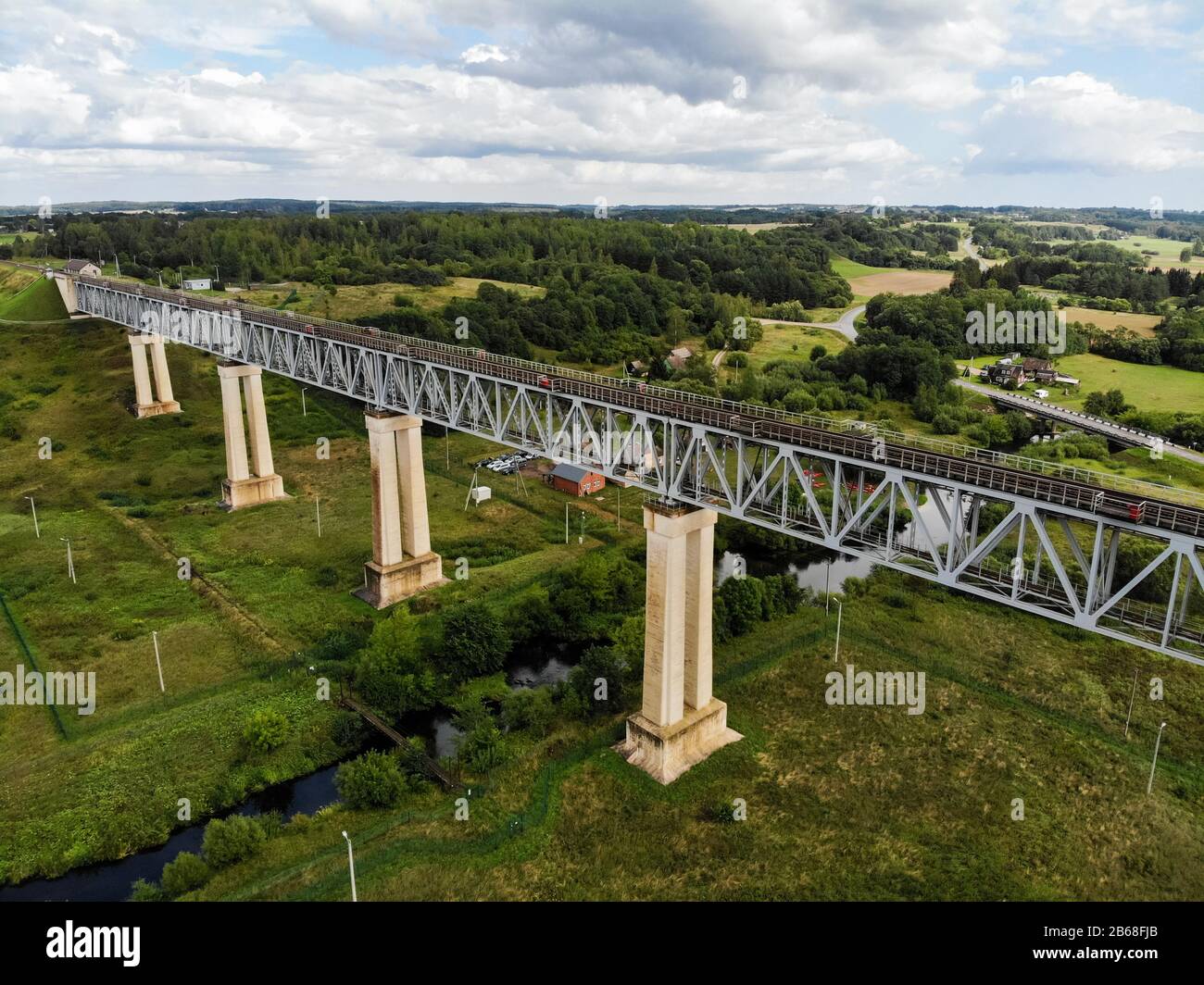 Railway Bridge of Lyduvenai, Lithuania. Aerial view of longest and ...