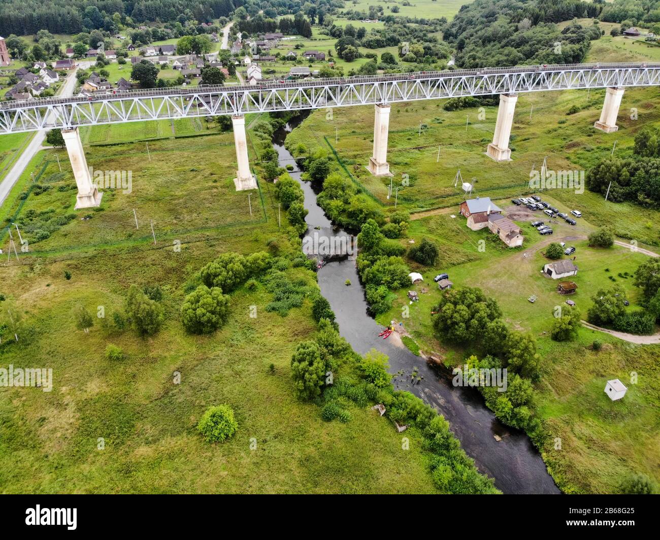 Railway Bridge of Lyduvenai, Lithuania. Aerial view of longest and ...