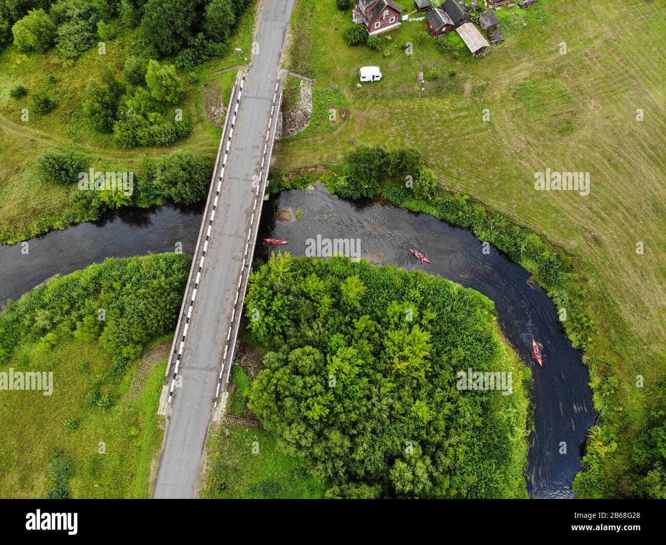 Three canoes floating in Dubysa river. Lithuanian recreation activity ...