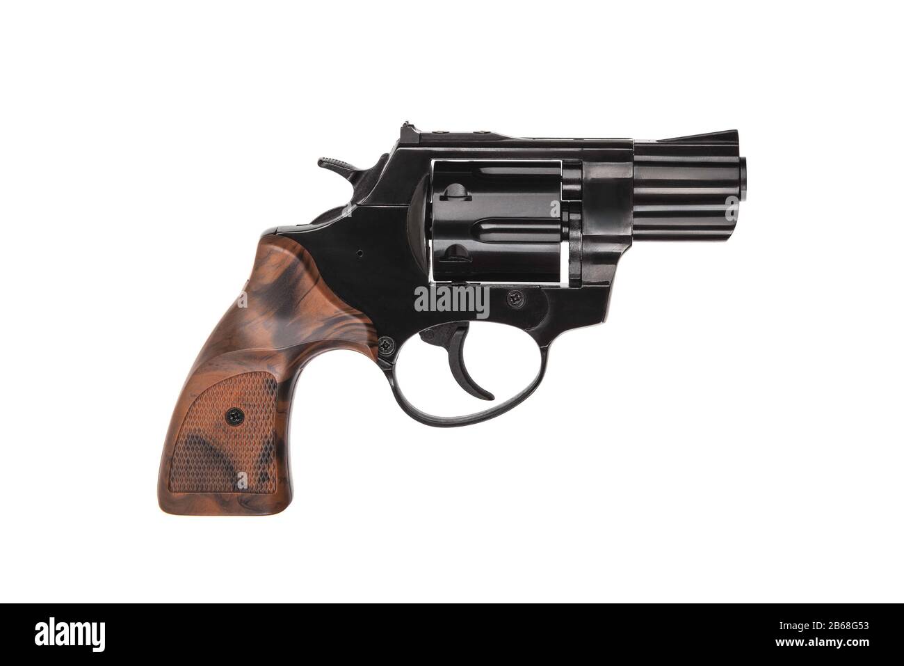 Small black gun revolver isolate on white background. Pocket pistol for ...