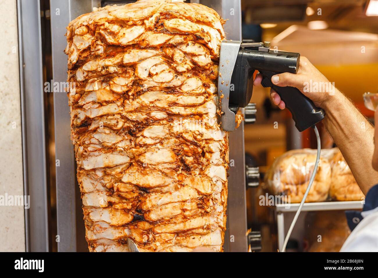 Street food from fried chicken kebab and shaurma is cooked on the ...