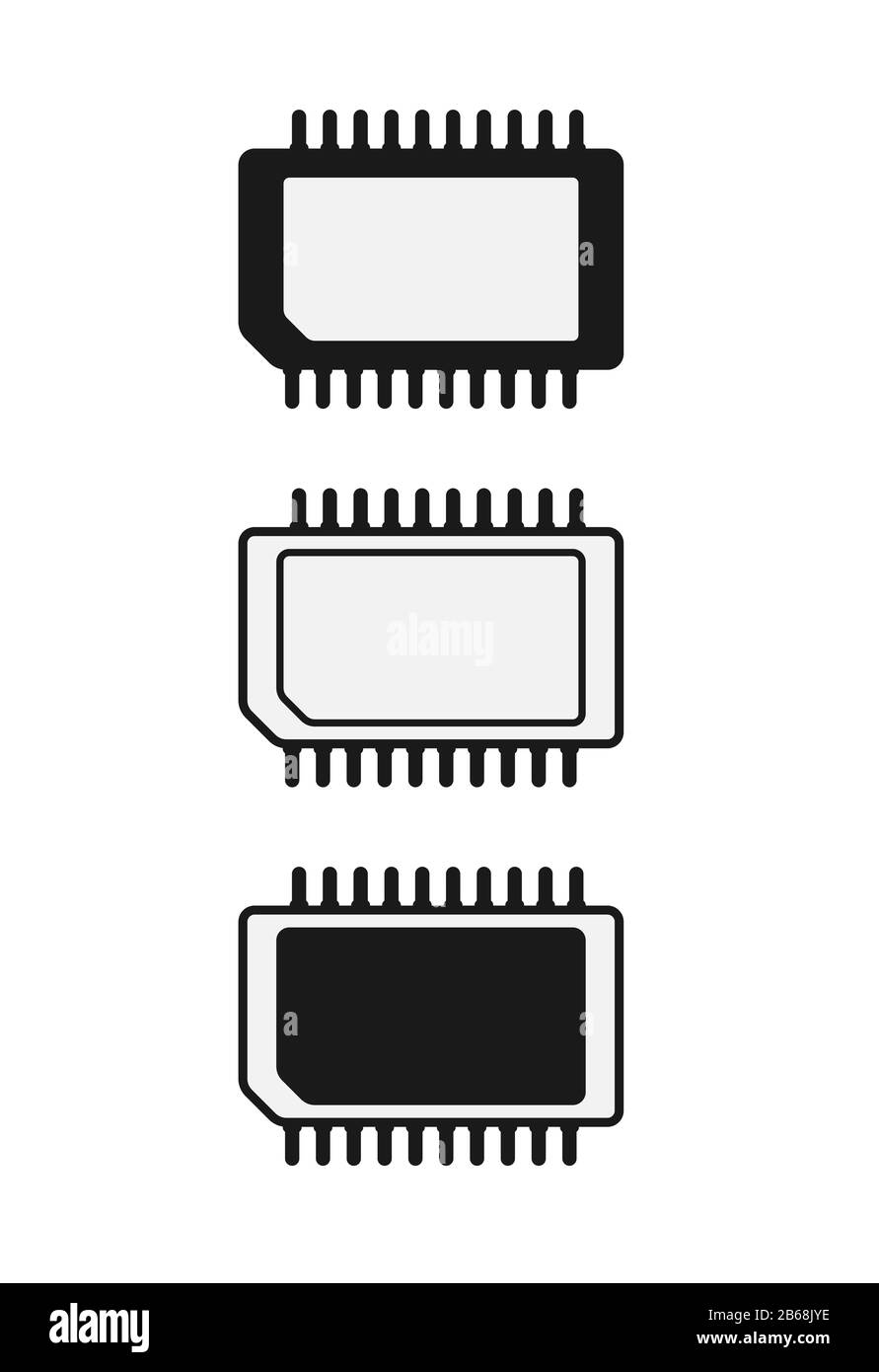 Set of simple icons of microchips or processors. Filled silhouette ...