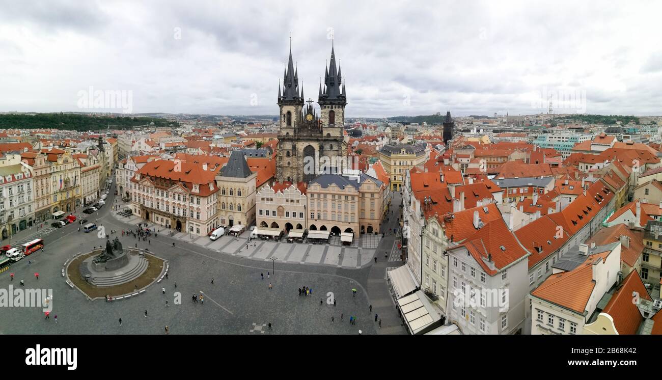 Aerial panorama view of old town square in Prague in Czech Republic ...