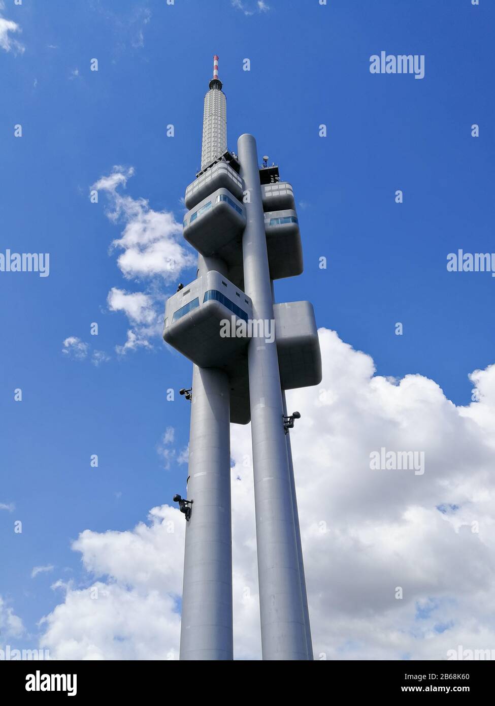 Zizkov television tower for TV signals broadcasting in Prague, Czech ...