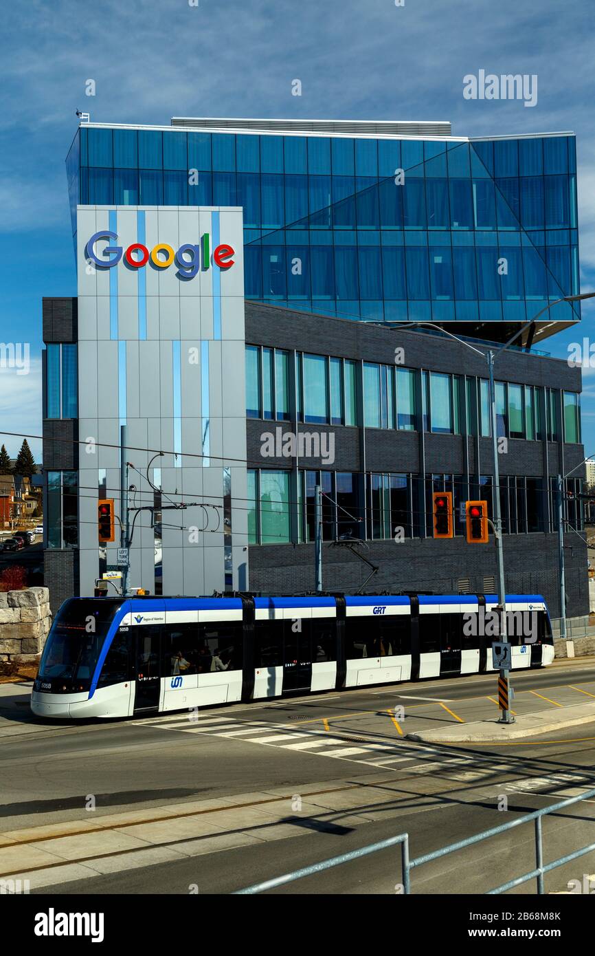 Google Logo Sign and building with LRT train passing. Kitchener Ontario ...