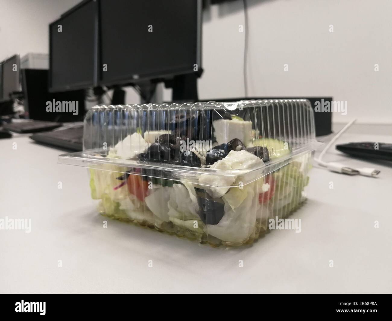Healthy fast food Greek salad in plastic box for take away Stock Photo ...