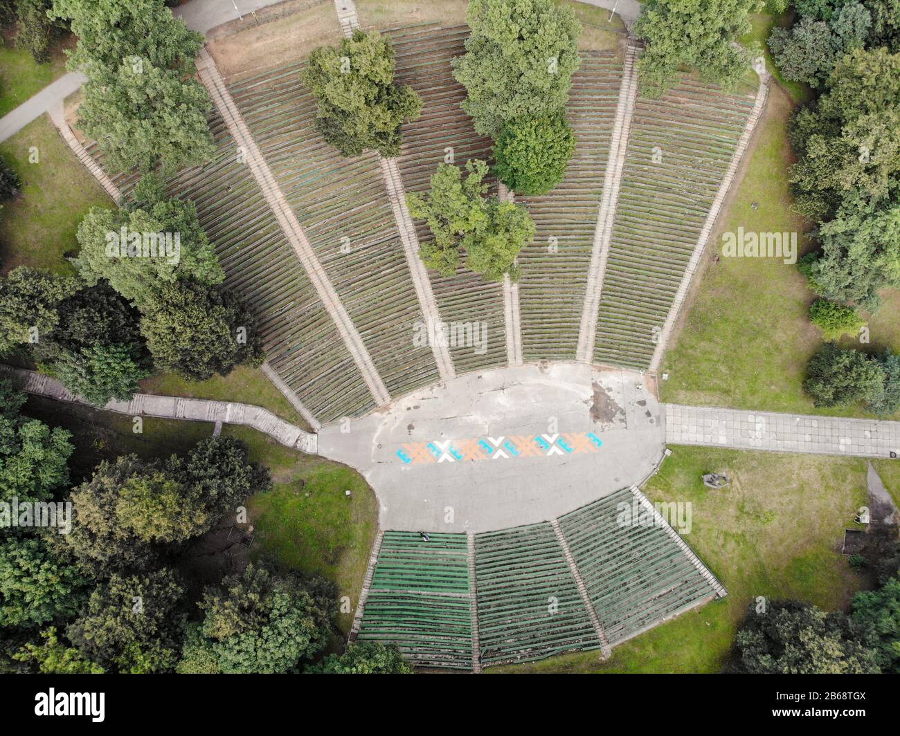 Aerial view of Valley of songs (Dainu slenis) in Kaunas, Lithuania ...