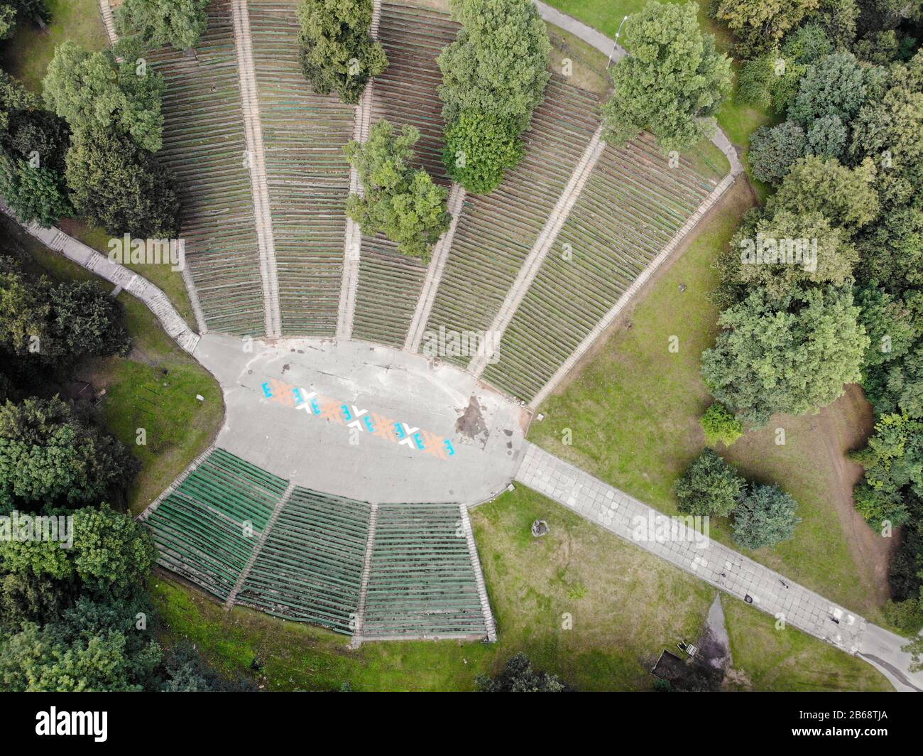 Aerial view of Valley of songs (Dainu slenis) in Kaunas, Lithuania ...