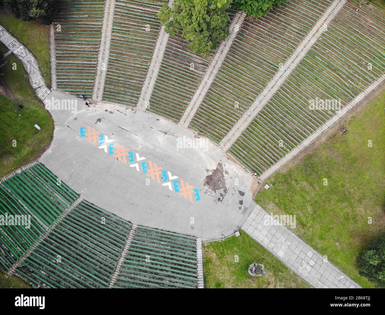 Aerial view of Valley of songs (Dainu slenis) in Kaunas, Lithuania ...