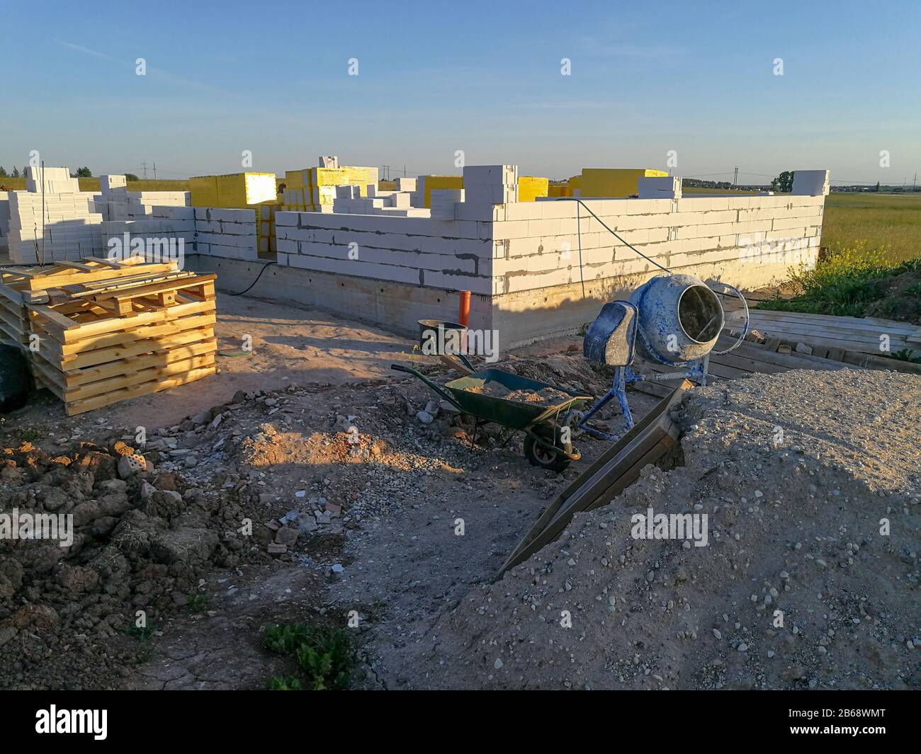 First stages of building a house. Half build from silicate blocks Stock ...
