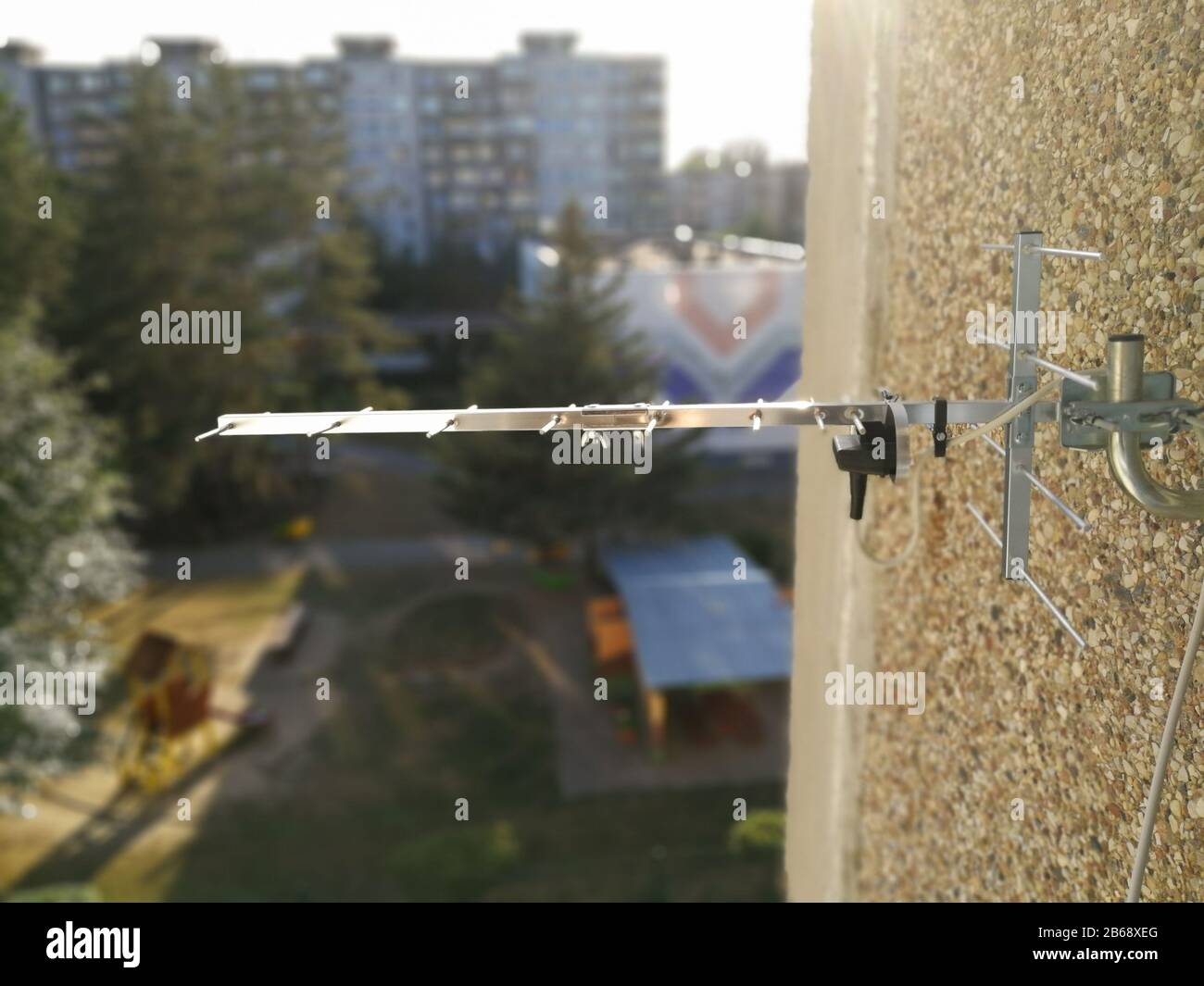 Yagi DVBT tv reception antenna installed on the wall. Broadband signal ...