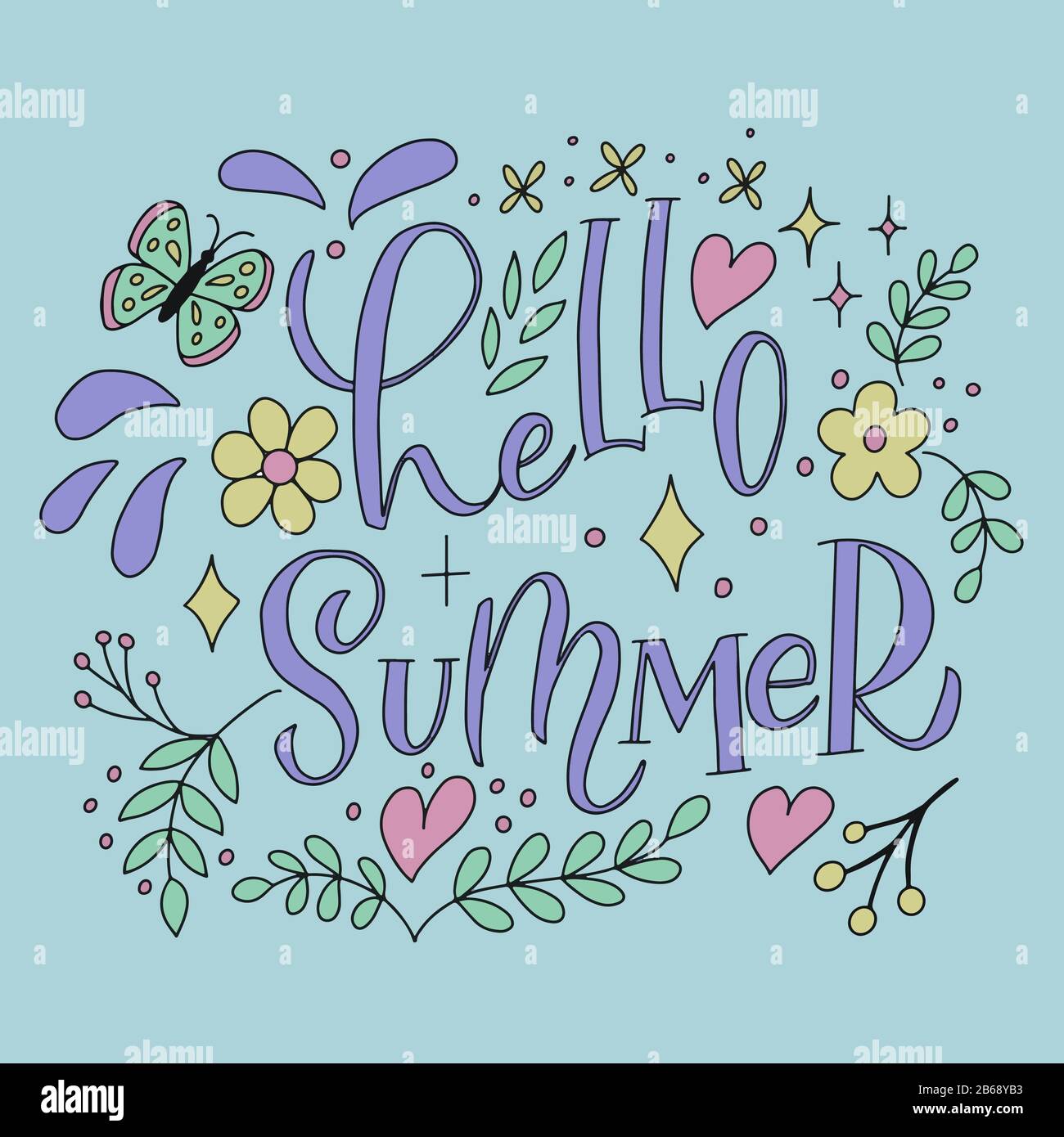 Vector lettering on a blue background - hello summer - with leaflets ...