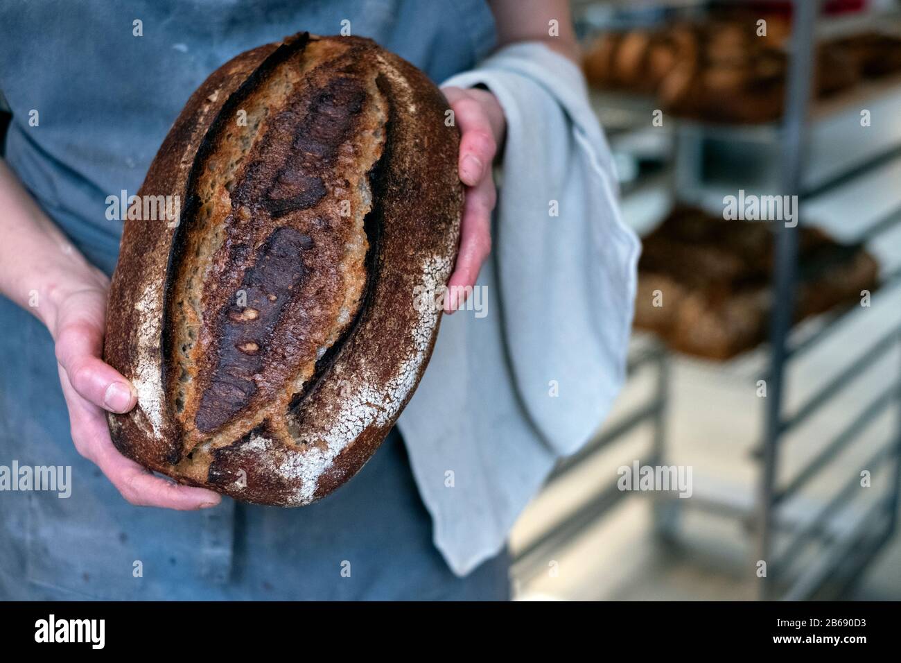 High angle close up of person holding freshly baked loaf of bread in an ...