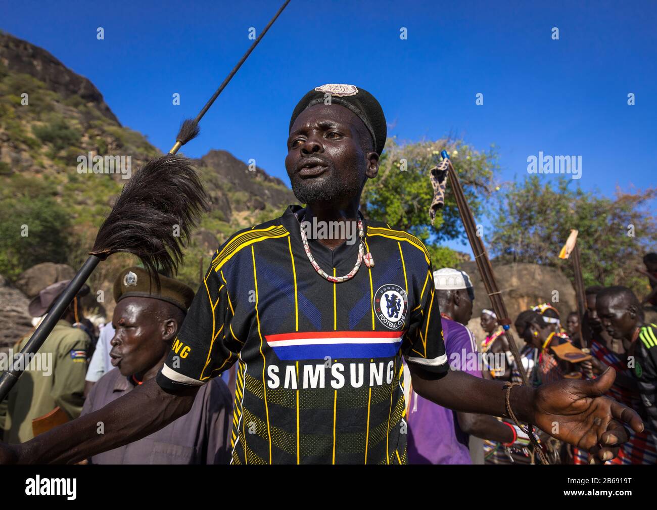 Larim tribe men dancing during a wedding ceremony, Boya Mountains ...