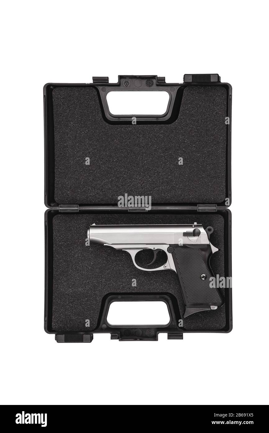 Small black silver modern pistol. Ladies' pistol. Weapons for hidden ...