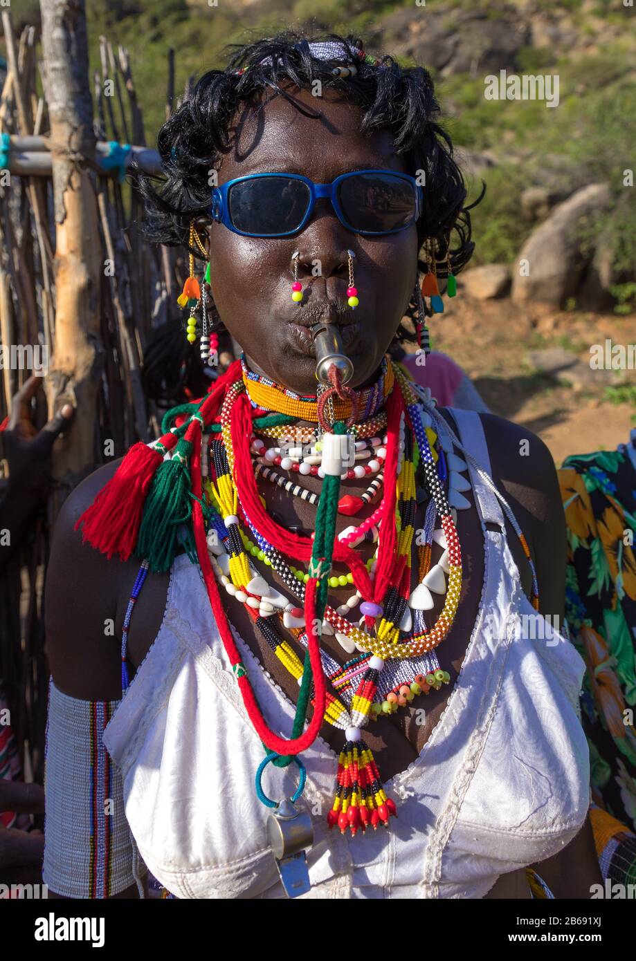 Larim tribe woman during a wedding celebration, Boya Mountains, Imatong ...