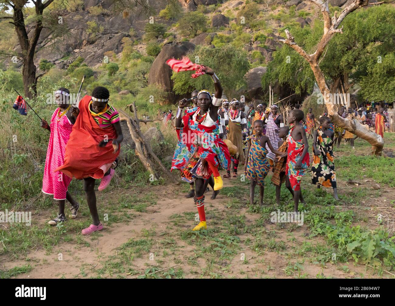 Larim tribe women dancing during a wedding celebration, Boya Mountains ...