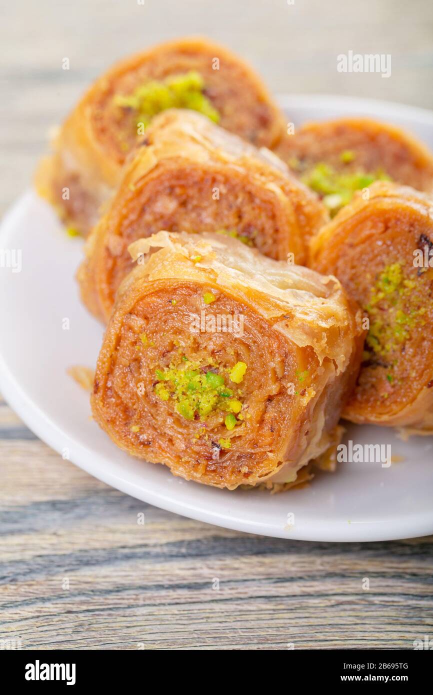 Traditional arabic dessert baklava with cashew, walnuts and cardamom ...