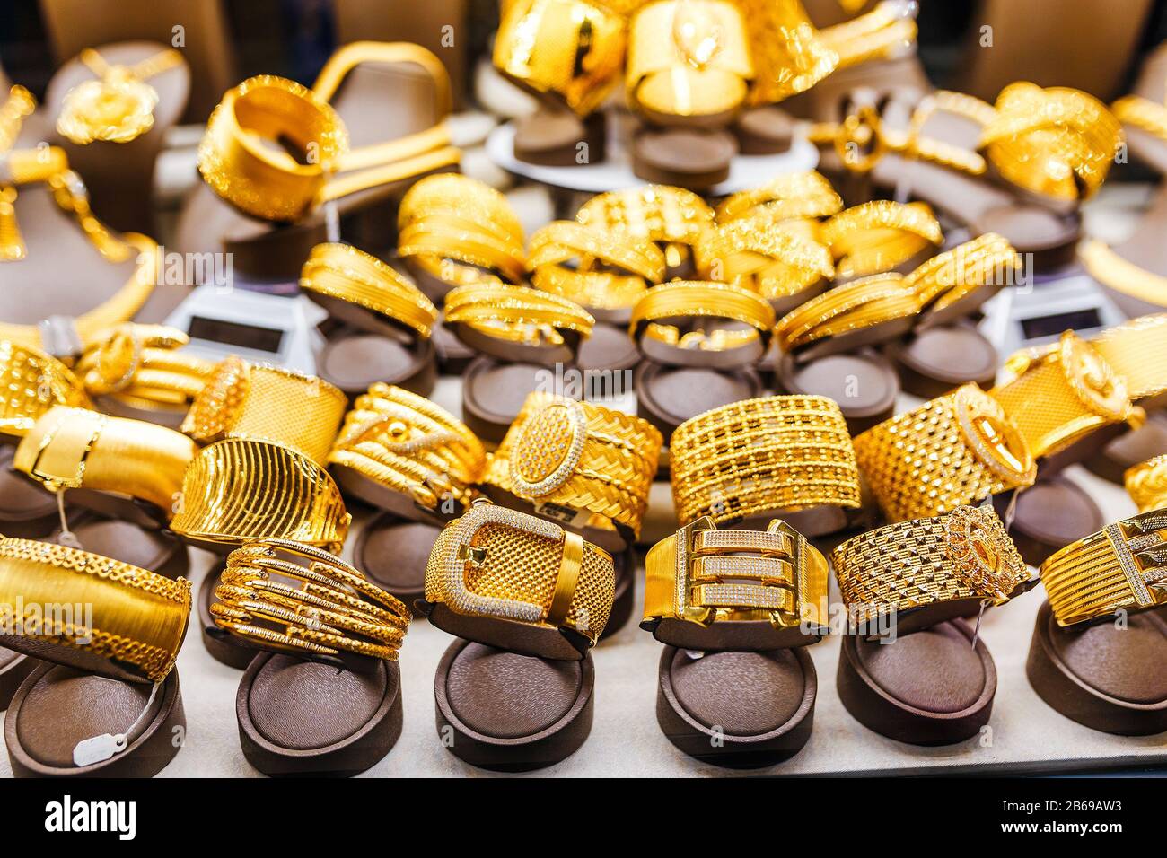 Golden accessories in the display window of a jewelery store Stock ...