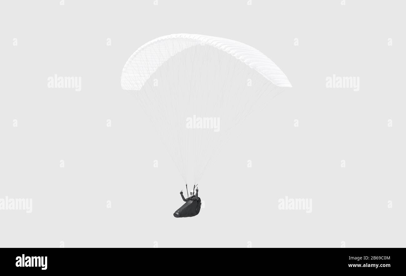 Blank white paraglider with person in harness mockup, half-turned view ...