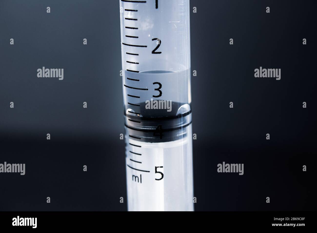 Transparent plastic syringe close-up with transparent liquid. The ...
